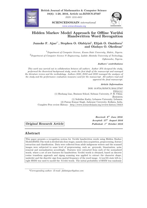 Pdf Hidden Markov Model Approach For Offline Yorùbá Handwritten Word