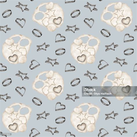 수채화 쿠키 커터 원활한 패턴 손으로 그린 롤 반죽과 성형 쿠키는 파란색 배경에 둥글고 별 모양입니다 수제 생과자 디자인 요리법 삽화 별 모양에 대한 스톡 벡터 아트 및