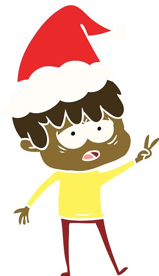 산타 모자를 쓰고 지친 소년의 손으로 그린 평면 컬러 그림 기진맥진에 대한 스톡 벡터 아트 및 기타 이미지 기진맥진 낙서 드로잉 등장인물 Istock