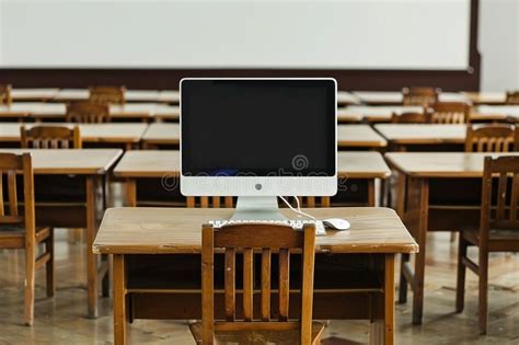Empty Classroom With Computer On Desk Modern Education Technology Stock Illustration