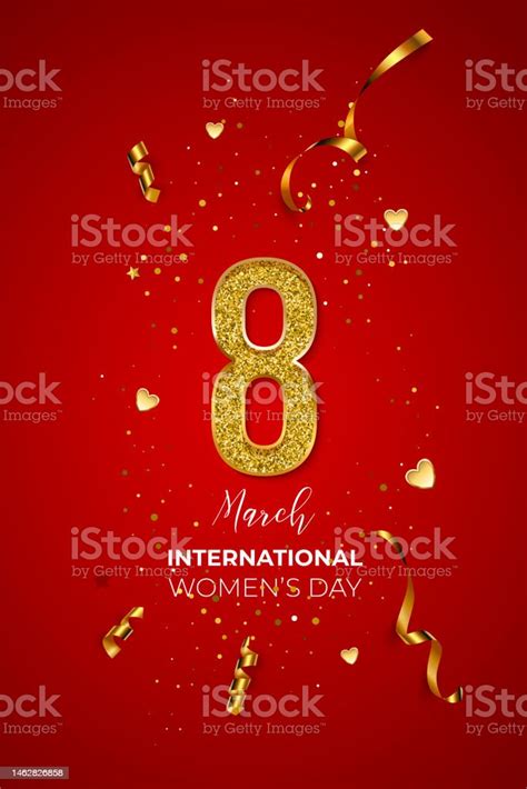 3월 8일 국제 여성의 날 벡터 세로 템플릿입니다 축제 엽서 골드 번호 8 하트 리본 및 색종이가 있는 인사말 카드 디자인 빨간색 배경에 휴일 축하 International