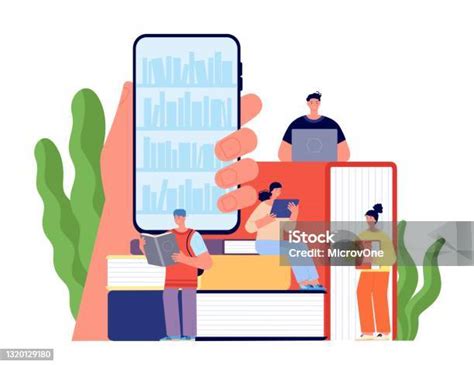 디지털 라이브러리 개념 젊은 사람들은 책을 읽는 평평한 학생입니다 거리 대학 교육 전자 책 온라인 읽기 완전한 벡터 개념 가상현실에 대한 스톡 벡터 아트 및 기타 이미지