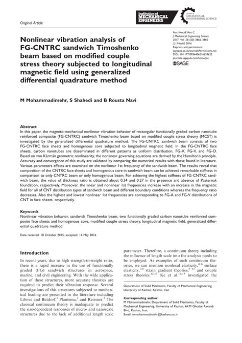 Pdf Nonlinear Vibration Analysis Of Fg Cntrc Sandwich Timoshenko Beam Based On Modified Couple