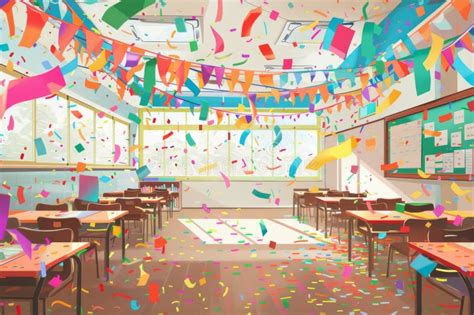 Colorful Celebration In A Confetti Filled Classroom Stock Illustration Illustration Of