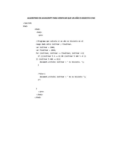Algoritmo En Javascript Para Verificar Que Un Año Es Bisiesto O No Pdf