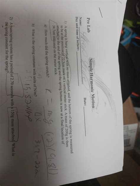 Solved Pre Lab Simple Harmonic Motion Date Name Day And Chegg