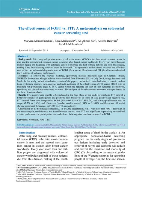 Pdf The Effectiveness Of Fobt Vs Fit A Meta Analysis On Colorectal