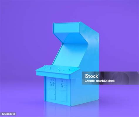 아케이드 스탠드 네 플레이어 캐비닛 빈티지 복고풍 아케이드 게임 기계 평면 보라색 방에 캐비닛 게임 복고풍 게임 오래된 패션 3d 렌더링 비디오 게임방에 대한 스톡 사진 및
