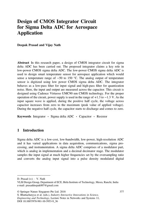 Pdf Design Of Cmos Integrator Circuit For Sigma Delta Adc For Aerospace Application