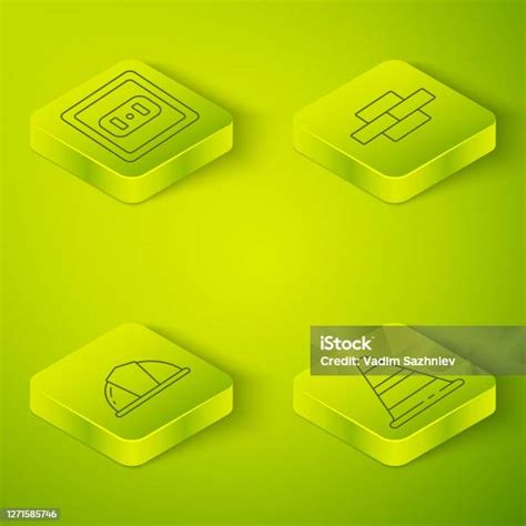 등분 측정 벽돌 작업자 안전 헬멧 교통 콘 및 전기 콘센트 아이콘을 설정합니다 벡터 3차원 형태에 대한 스톡 벡터 아트 및 기타