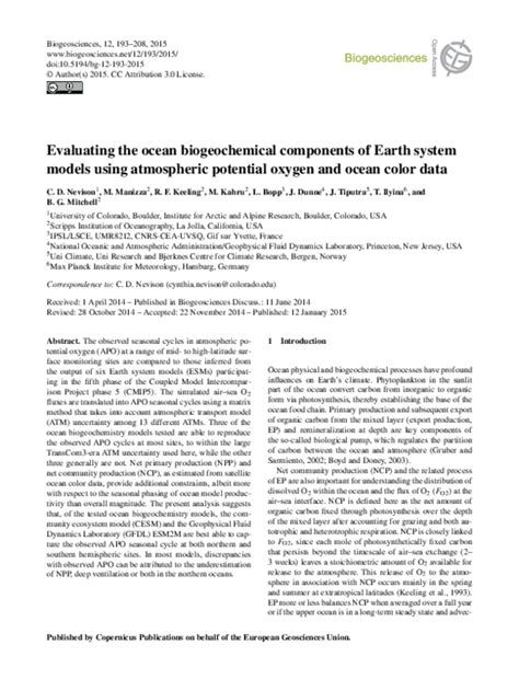 Pdf Evaluating The Ocean Biogeochemical Components Of Earth System Models Using Atmospheric
