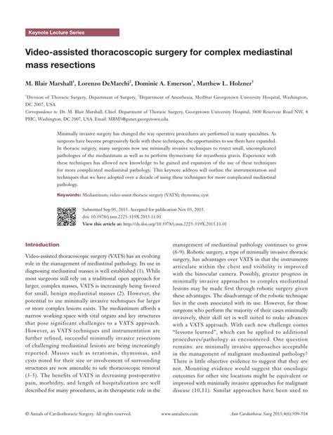 Pdf Video Assisted Thoracoscopic Surgery For Complex Mediastinal Mass Resections