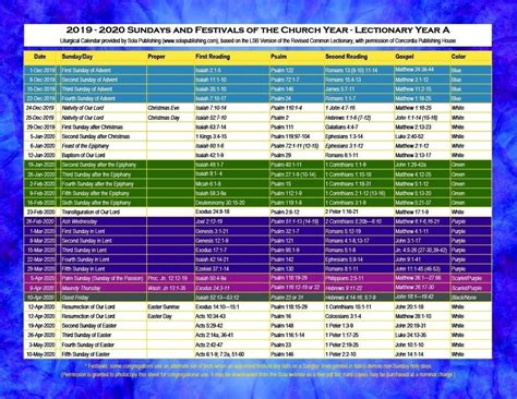 Revised Common Lectionary Calendar Calendar Template Calendar