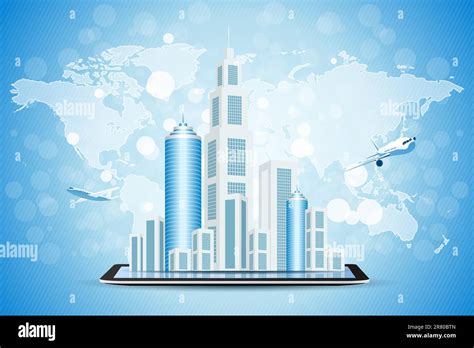 Blue Background With Business City On Tablet Computer World Map And Aircrafts Stock Vector