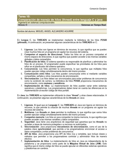 Comparación De Manejo De Hilos Thread Entre Lenguaje C Y Java Pdf