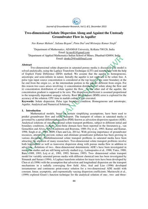 Pdf Two Dimensional Solute Dispersion Along And Against The Unsteady Groundwater Flow In Aquifer