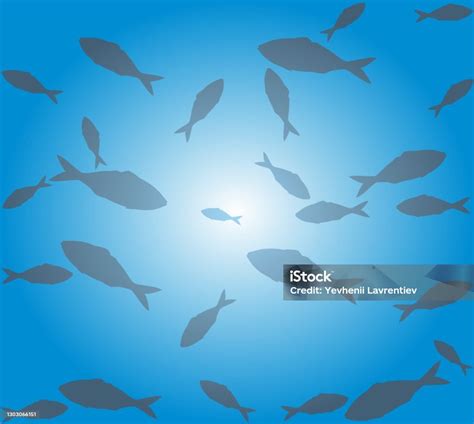 태양의 배경에 물에 바다 물고기의 패턴 푸른 흰색 그라데이션에 고립 된 바다 물고기의 실루엣 벡터 참치가 서로 다른 방향으로 떠 있습니다 깊은에 대한 스톡 벡터 아트 및