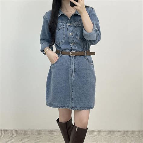 벨트 세트 청 데님 미니 원피스