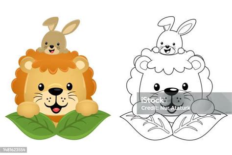 나뭇잎에 토끼가 있는 만화 재미있는 사자의 벡터 그림 어린이를 위한 색칠하기 책 또는 페이지 0명에 대한 스톡 벡터 아트 및 기타 이미지 Istock