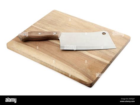 Large Sharp Cleaver Knife With Wooden Board Isolated On White Stock