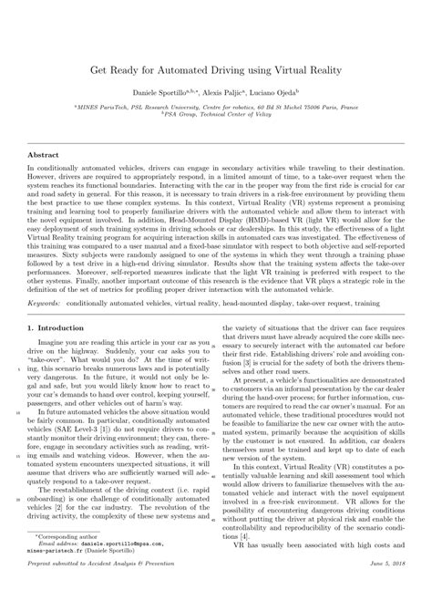 Pdf Get Ready For Automated Driving Using Virtual Reality