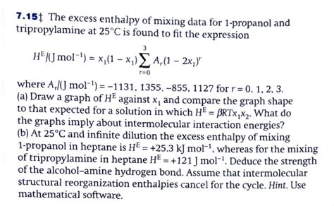 Solved 7 15 ﻿the Excess Enthalpy Of Mixing Data For
