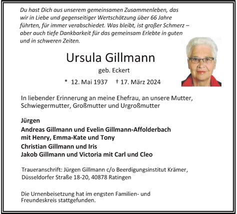 Alle Traueranzeigen Für Ursula Gillmann Trauerrp Onlinede