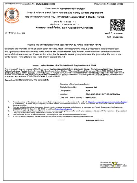 Non Availability Certificate Pdf