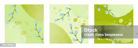 수채화 반점과 버드 나무 가지가 있는 봄 사각형 배경 세트 소셜 미디어 게시물 엽서 배너 초대장 포스터 최소한의 스타일의 모바일 응용 프로그램을위한 템플릿 0명에 대한 스톡