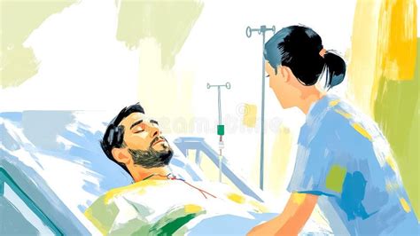 Nurse Assisting Sleeping Patient In Hospital Bed With Iv Drip Stock