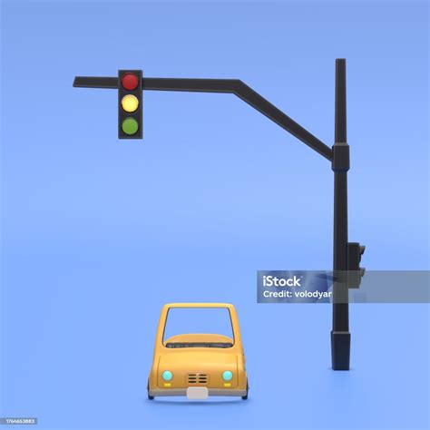 개념 교통 정면도 만화 노란색 자동차와 파란색 배경에 교통 표지판 조명 3d 렌더링 디지털 드로잉 0명에 대한 스톡 사진 및