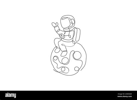 One Continuous Line Drawing Of Cosmonaut Exploring Outer Space Astronaut Sitting On Full Moon