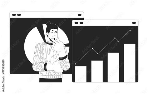 Web Data Analyst Black And White 2d Illustration Concept Statistician Caucasian Man Cartoon