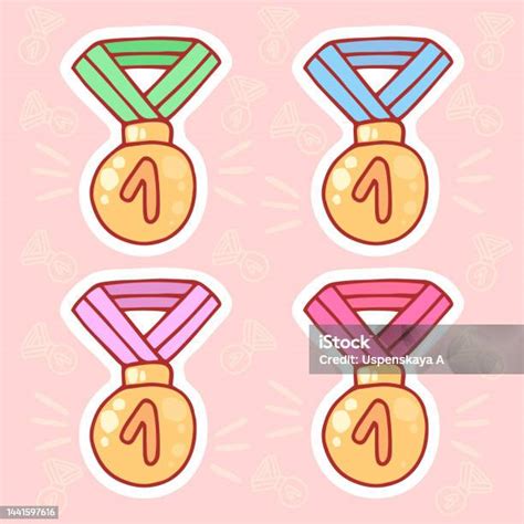 낙서 만화 스타일의 우승자를 위한 귀여운 손으로 그린 메달 세트 중성 사탕 색상의 구성 카드 소셜 미디어 배너 스티커 어린이 놀이방 장식을 위한 카와이 요소 벡터 그림 0