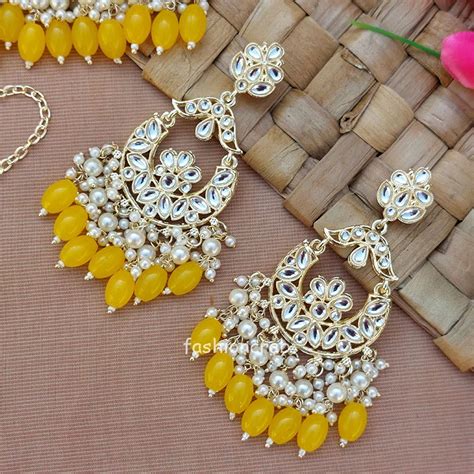 Yellow Pearl Kundan Set For Saree