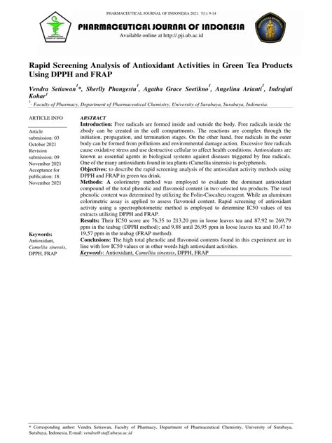 Pdf Rapid Screening Analysis Of Antioxidant Activities In Green Tea Products Using Dpph And Frap