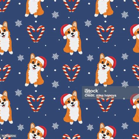 산타클로스 모자와 캐러멜을 쓴 코기가 있는 매끄러운 패턴 포장지 인사말 카드 및 계절 디자인의 배경 메리 크리스마스와 새해 복