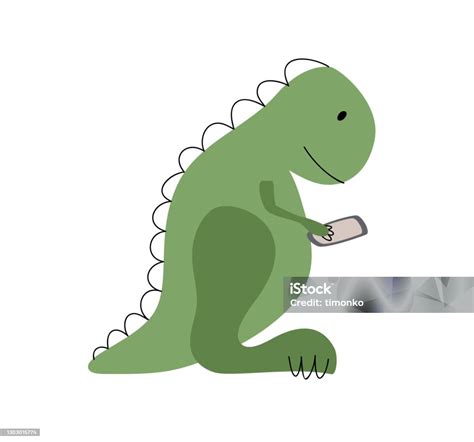 스마트 폰녹색 벡터 디노 귀여운 만화 손 그린 공룡 낙서 스칸디나비아 아이 일러스트 인사말 카드 티셔츠 아기 배너 또는 포스터용