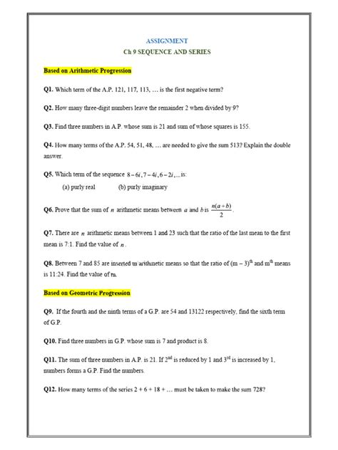 Assignment Sequences And Series Xi Pdf Area Mathematical Concepts
