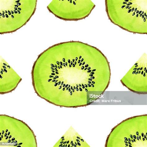 녹색 수채화 키위 과일 슬라이스 원활한 패턴 사실적인 식물 수채화 배경 그림 신선한 이국적인 열대 음식 손으로 그린 벽지 0명에 대한 스톡 벡터 아트 및 기타 이미지