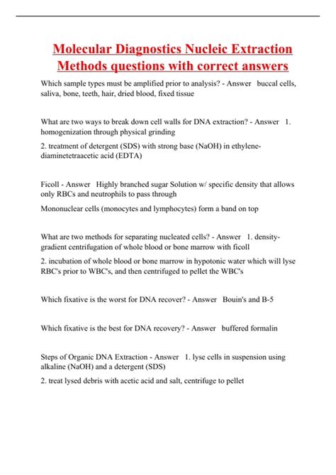 Molecular Diagnostics Nucleic Extraction Methods Questions With Correct Answers Molecular