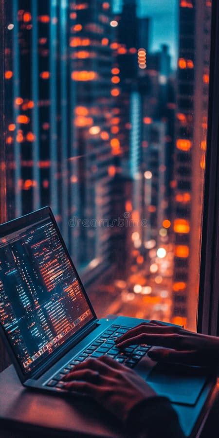 Night City Programmer Coding Laptop Window View Stock Image Image Of