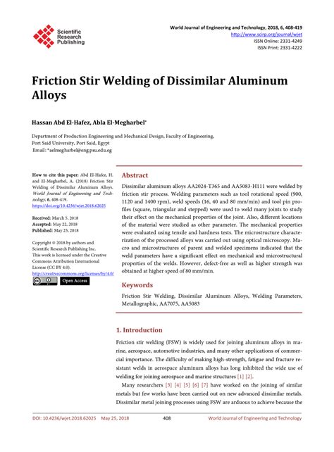 Pdf Friction Stir Welding Of Dissimilar Aluminum Alloys