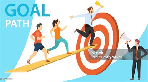 목표에 경로 목표 달성 성공에 대한 동기 부여 사람들은 목표에 화살표를 실행합니다 동기 부여의 벡터 그림입니다 벡터 개념에 대한 스톡 벡터 아트 및 기타 이미지 Istock