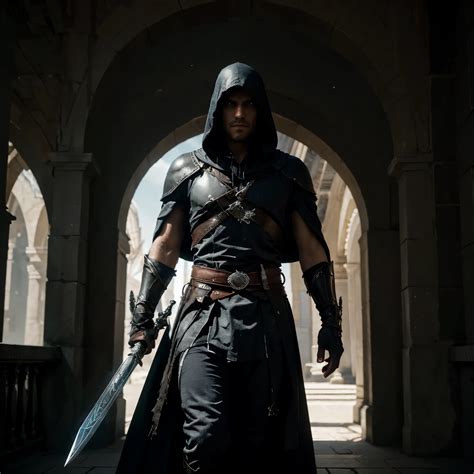 A Man In A Black Outfit Holding A Sword In A Hallway Seaart Ai