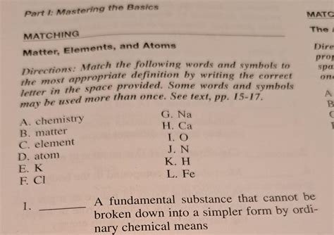 Solved MATCMING Matter Elements And Atoms Directions Chegg Com