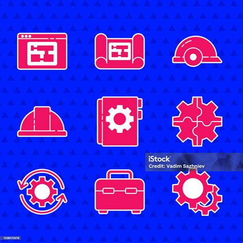 사용자 설명서 도구 상자 기어 및 화살표를 워크플로우 작업자 안전 헬멧 및 하우스 계획 아이콘으로 설정합니다 벡터 건설 기계류에 대한 스톡 벡터 아트 및 기타 이미지