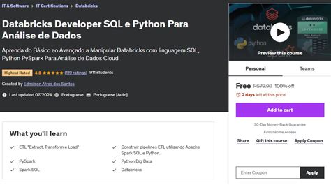 Curso Grátis Na Udemy Databricks Developer Sql E Python Para Análise De Edmilson Alves 35