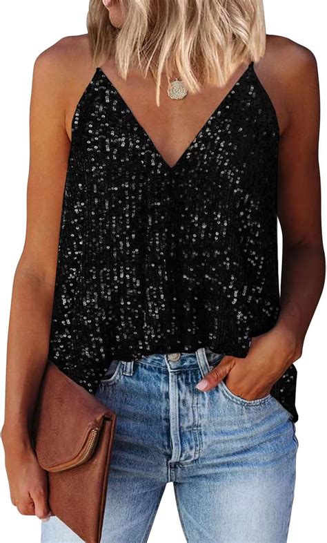 Miduo Womens Tank Tops Casual Fashion V Neck Strappy Sequin Sparkle