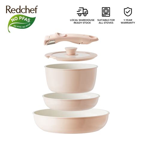 Redchef Nonstick Ceramic Rock Cookware Set Handle Removable Pink 5pcs